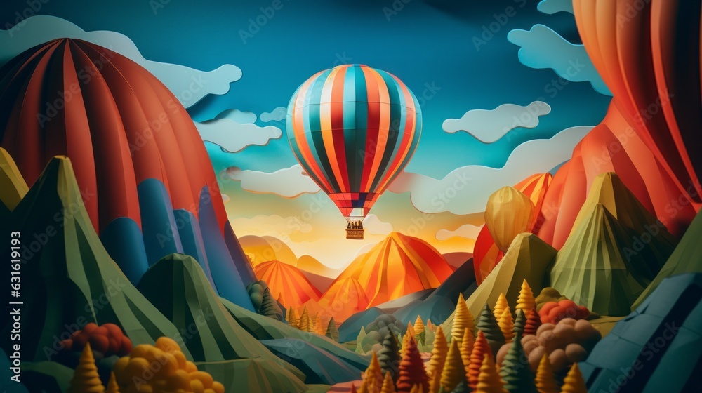 Landscape with river, mountains and balloons in the sky. 3d paper art ...