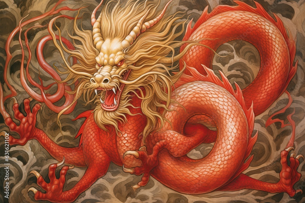 Brilliant Red and Gold Chinese Dragon Drawing: A Legendary Symbol of ...