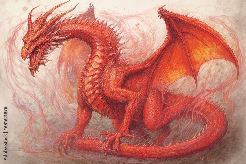 Fiery Red Dragon Drawings: Majestic Fire-Breathing Beast with Intricate ...