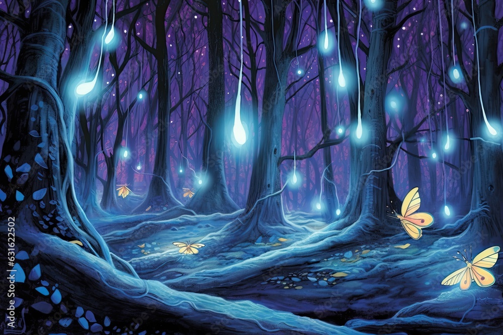 Magical Firefly Drawing: Bioluminescent Glow Lights Up Moonlit Forest in Enchanting Nighttime ...