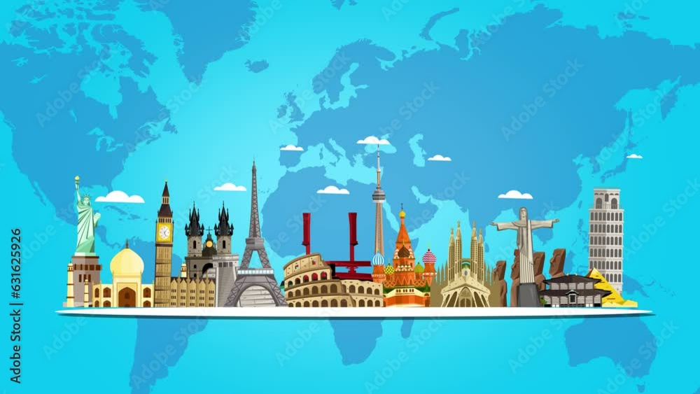 Travel on The Work Concept with Famous Landmarks Over Globe Map ...