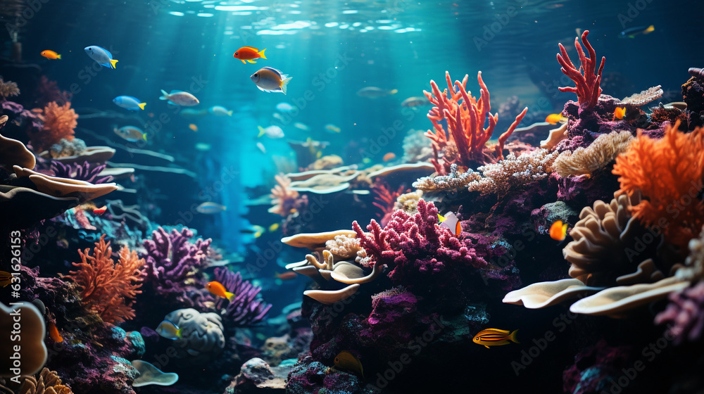 Colorful tropical coral reef with fish. Vivid multicolored corals in ...