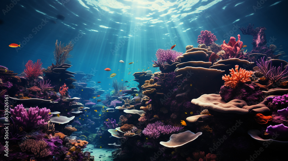 Colorful tropical coral reef with fish. Vivid multicolored corals in ...