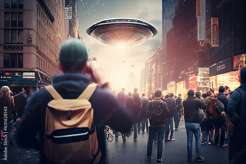 UFO flying over city and crowds of people in panic running away. Alien ...