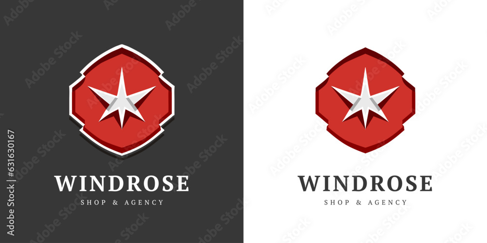 Red geometric logo with six angles star in center and black background ...