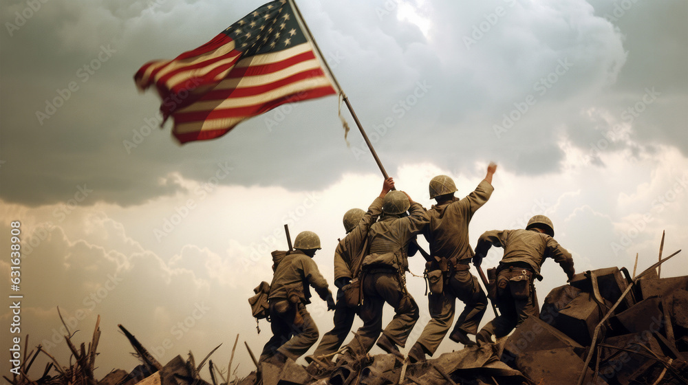 Soldiers Raising The American Flag Triumphantly On A Hill During A Fierce Battle Raising The
