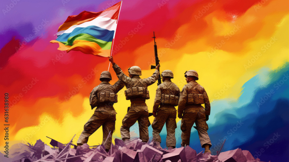 Soldiers proudly holding a rainbow flag during a gay pride parade ...