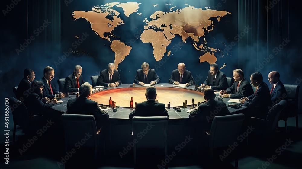 World leaders intensely discussing around a table, with a world map ...