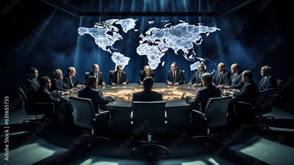 World leaders intensely discussing around a table, with a world map ...
