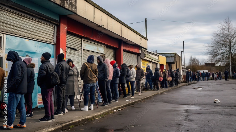 An image capturing closed storefronts with long lines of individuals at ...