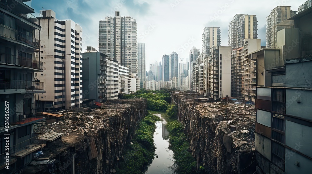 A stark contrast of impoverished neighborhoods overshadowed by towering ...