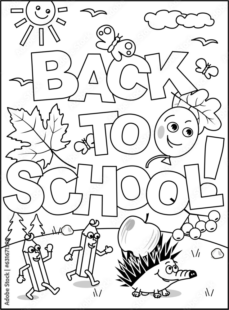 "Back to School!" greeting coloring page, poster, sign or banner black ...