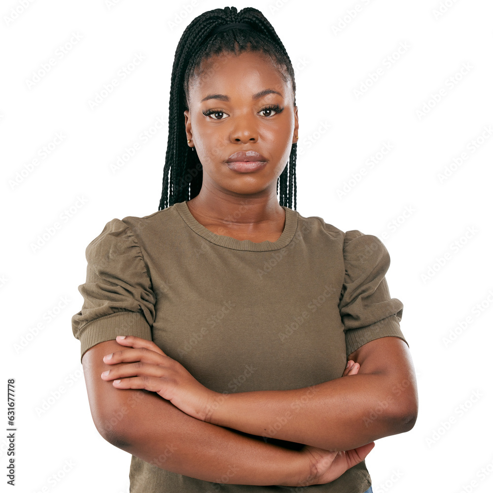Young black woman, arms crossed in portrait with confidence and serious isolated on png ...