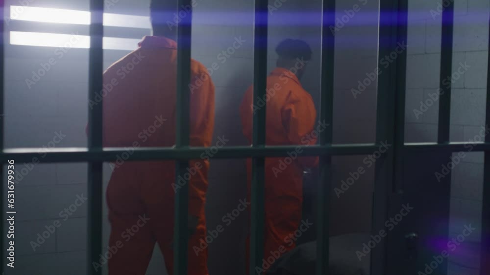 Two prisoners in orange uniforms emotionally talk in jail cell ...