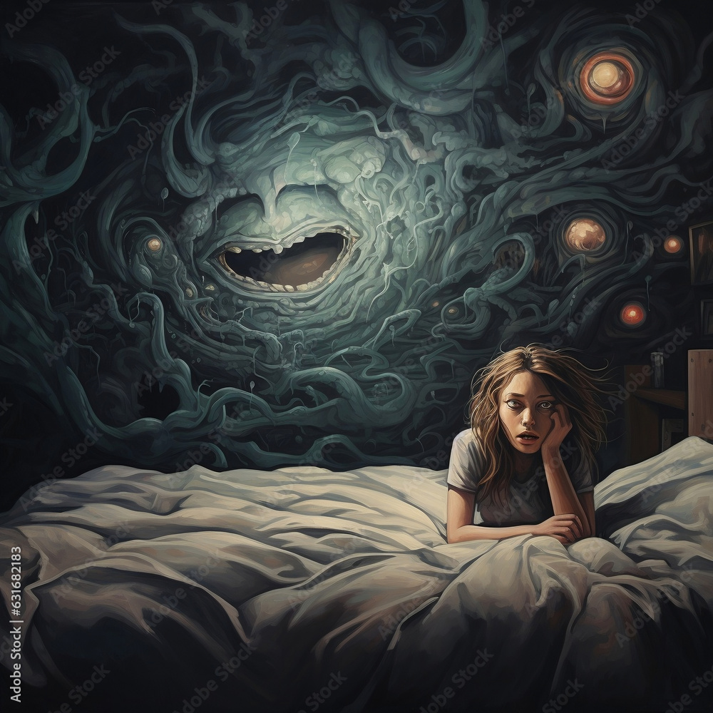 The girl who lost sleep because of nightmares, mental health concept ...