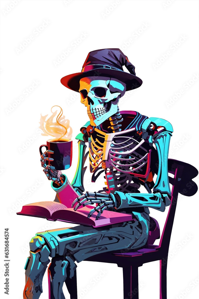 Skeleton booklover and spectral storyteller, isolated on transparent ...