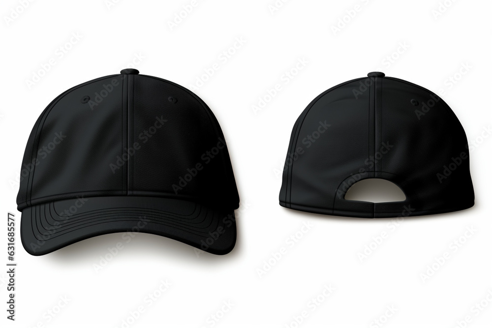 Set of black front and side view hat baseball cap on transparent ...