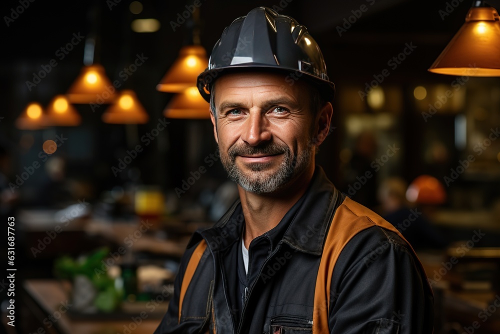 Construction worker wearing safety harness and safety line working on ...