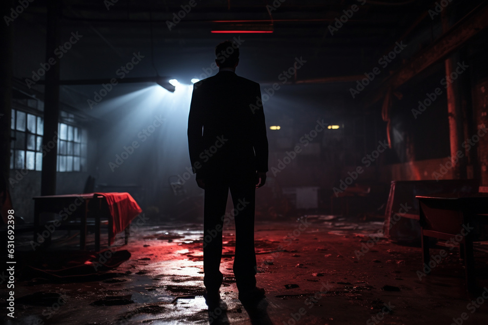 Silhouette of an FBI agent at the crime scene in abandoned warehouse ...