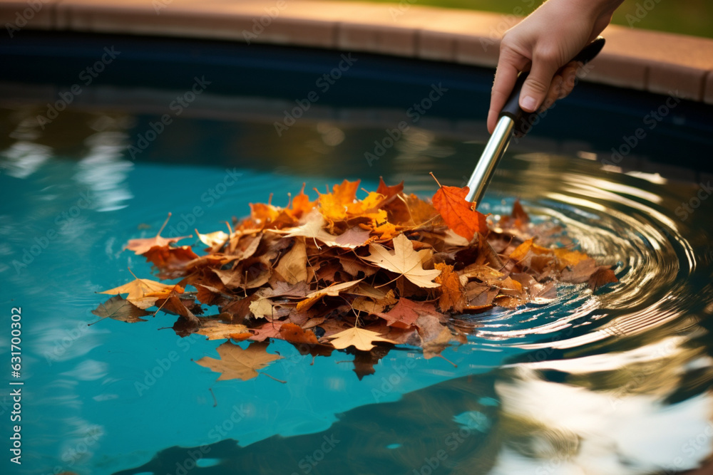Someone using a pool skimmer for removing fallen leaves and debris ...