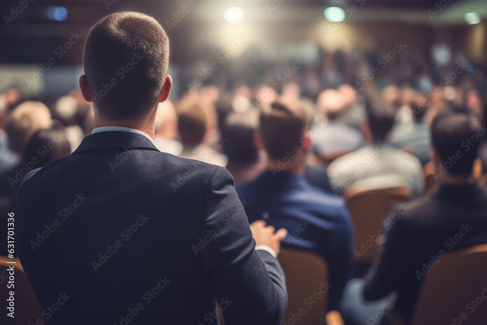 Speaker giving a talk in conference hall at business event, Rear view ...