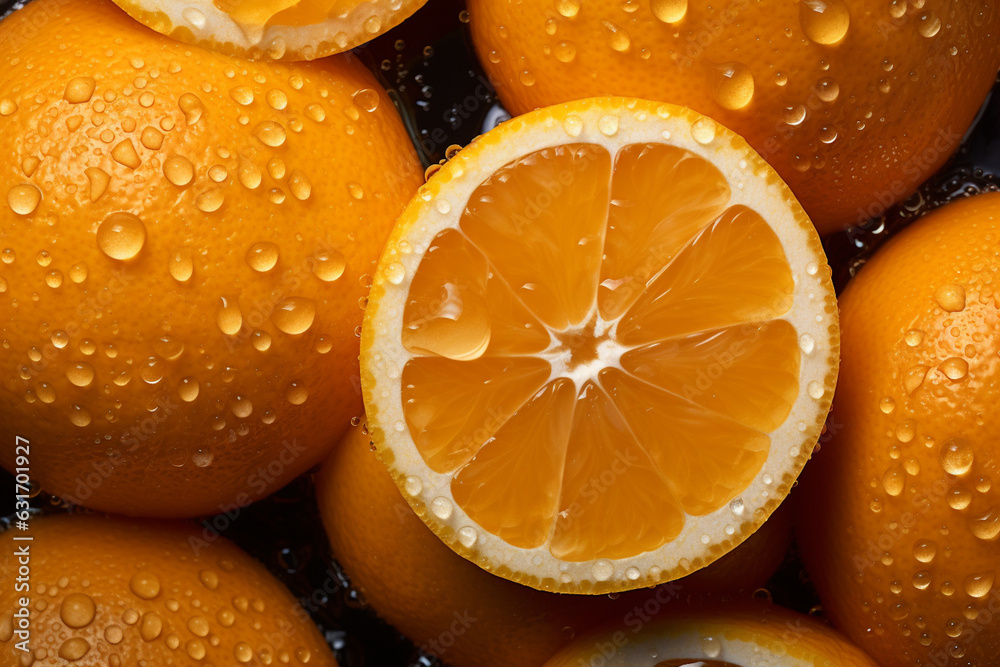 sobre fondo de naranjas se ve partida a la mitad una naranja con gotas ...