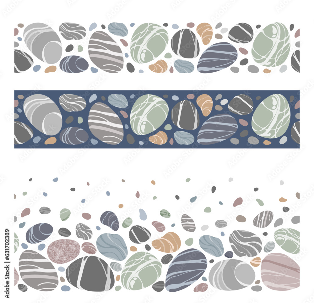 Set of seamless borders with beach pebbles or sea stones in various ...