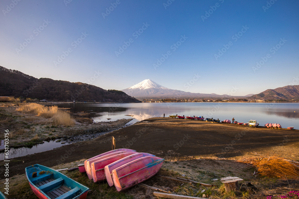 Fujisan mountain reflection on water with boat morning sunrise ...