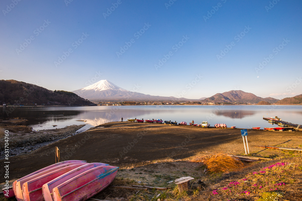 Fujisan mountain reflection on water with boat morning sunrise ...
