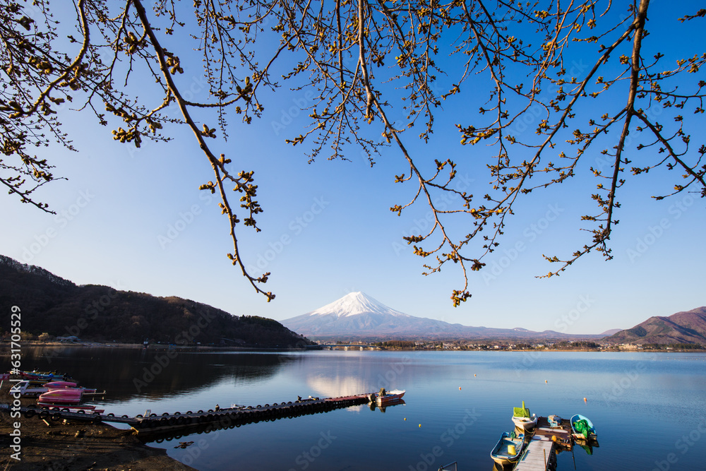 Fujisan mountain reflection on water with boat morning sunrise ...