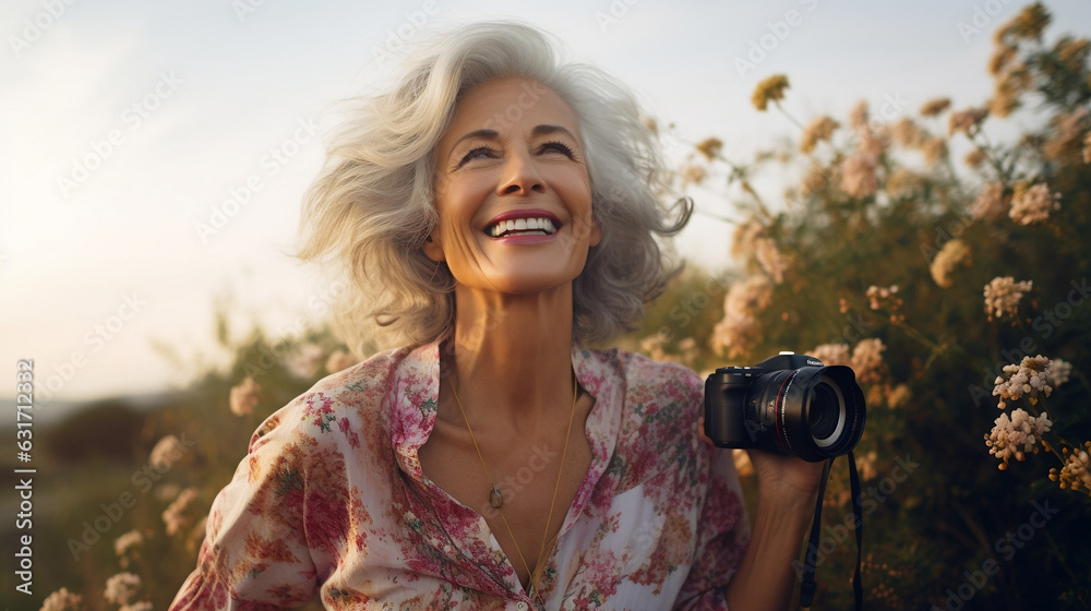 Elderly retired woman taking a photograph with a DSLR camera ...