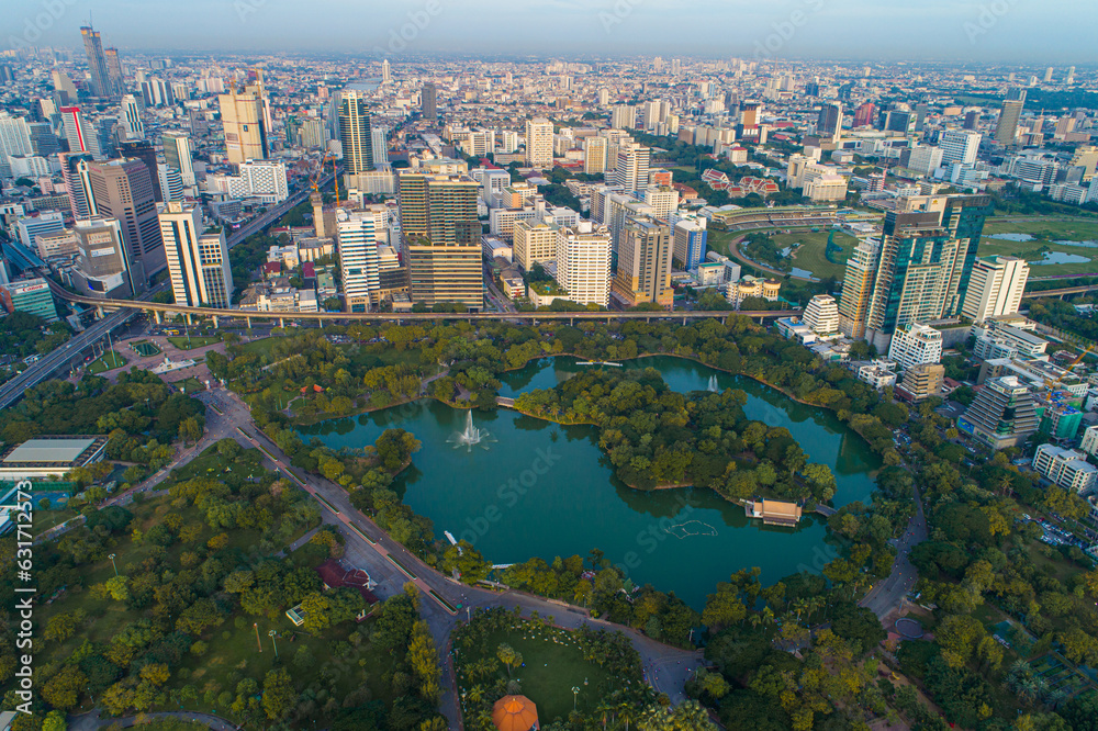 Aerial view Office building with Lumpini Park downtown Financial ...