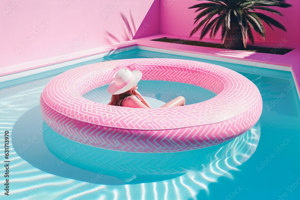 Young beautiful girl relaxing in the pool in the pink inflatable float ...
