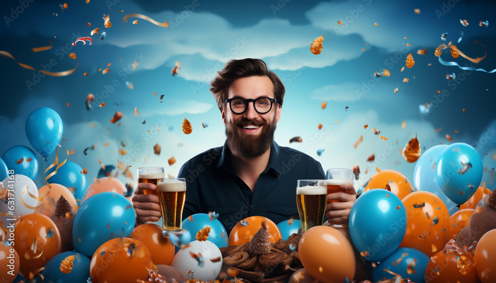 Bearded man holding beer glass, blue and orange balloons around the ...