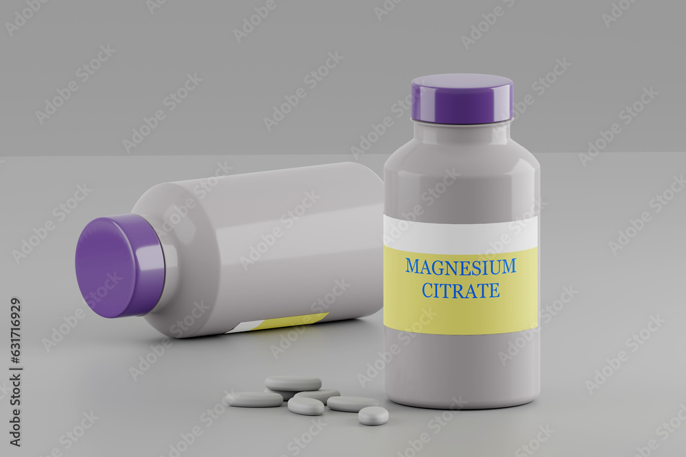 Magnesium citrate. Magnesium citrate tablets next to plastic bottle ...