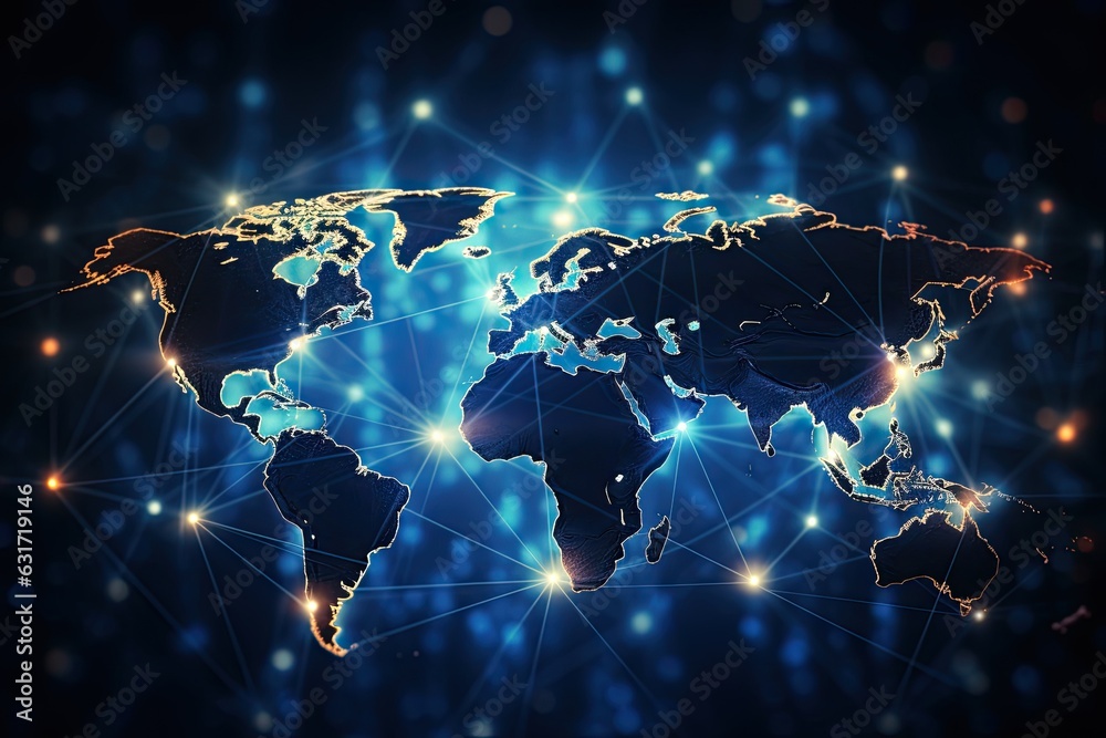 World map on technological background, glowing lines symbols. 3D ...