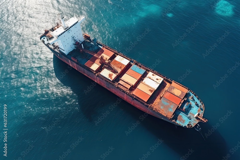 Aerial view of a cargo ship sailing in the blue sea. Aerial view of ...