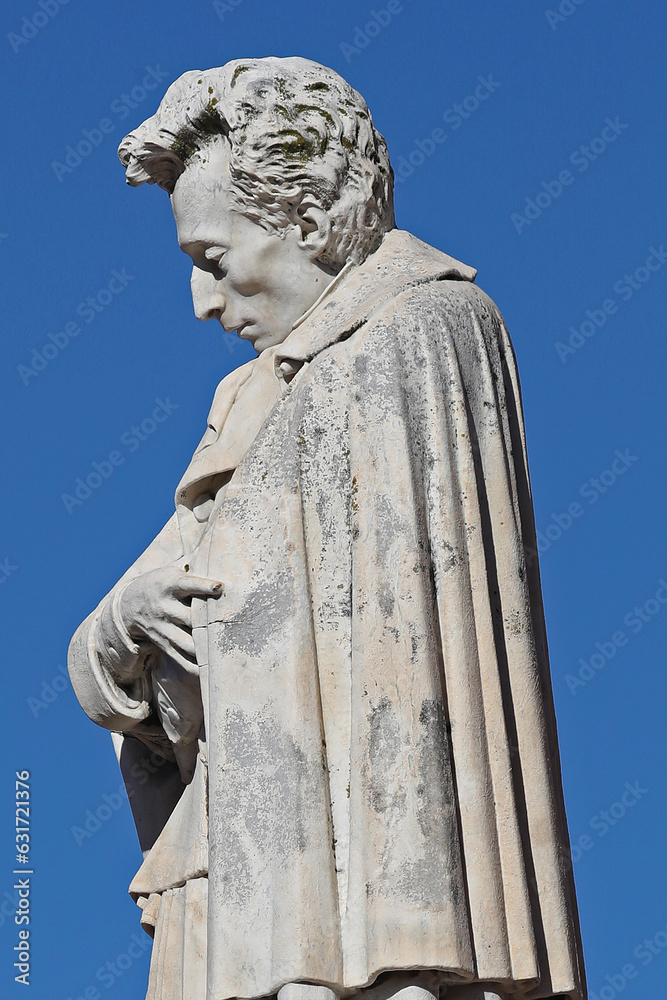 Statue of Giacomo Leopardi in the main square in the town of Recanati ...