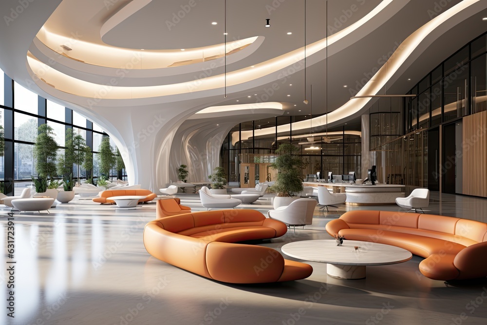 office hall with reception desk and guests waiting area, modern ...