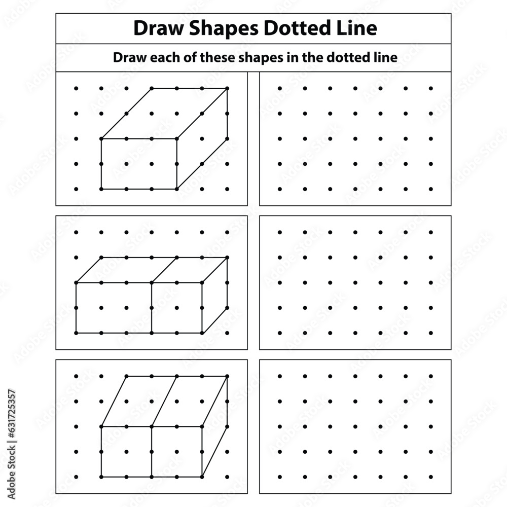 Draw shapes dotted line exercise. Dots grid background. Square graph ...