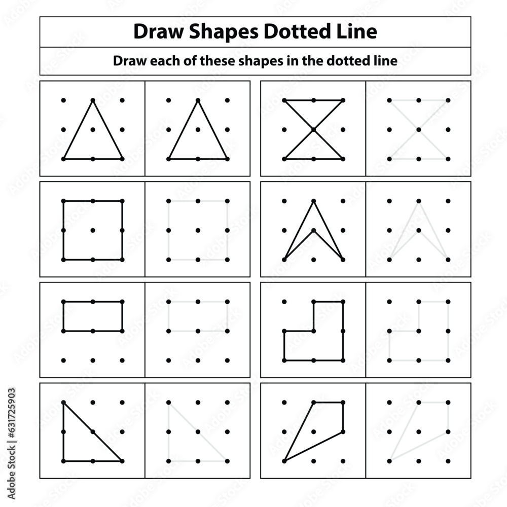 Draw shapes dotted line exercise. Dots grid background. Square graph ...