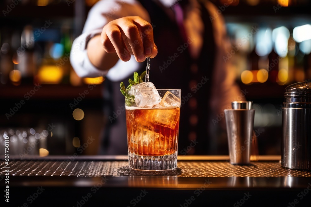 Professional bartender pouring and preparing cocktails at bar counter ...