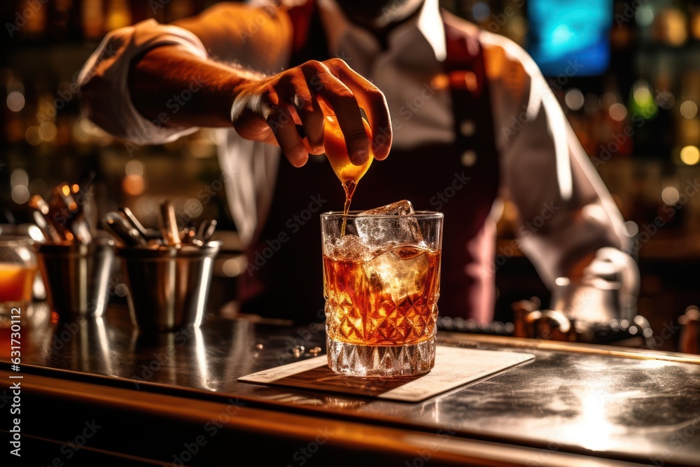 Professional bartender pouring and preparing cocktails at bar counter ...