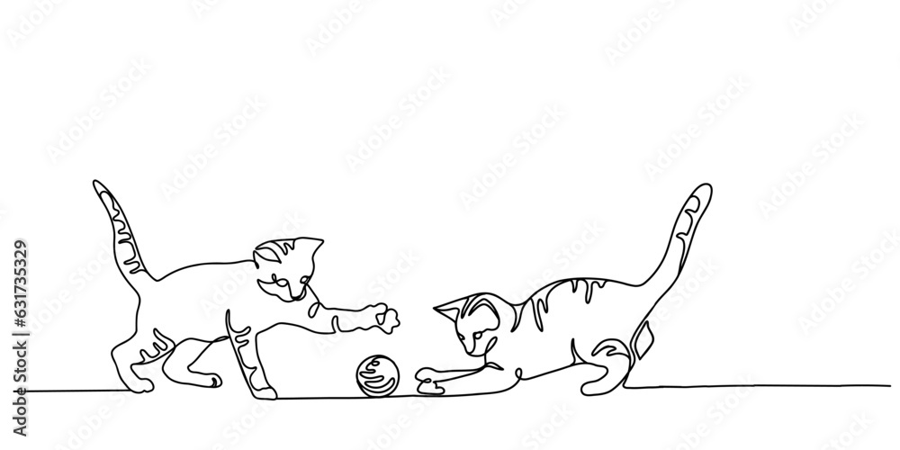 Continuous one line drawing of two kittens playing with ball of yarn ...