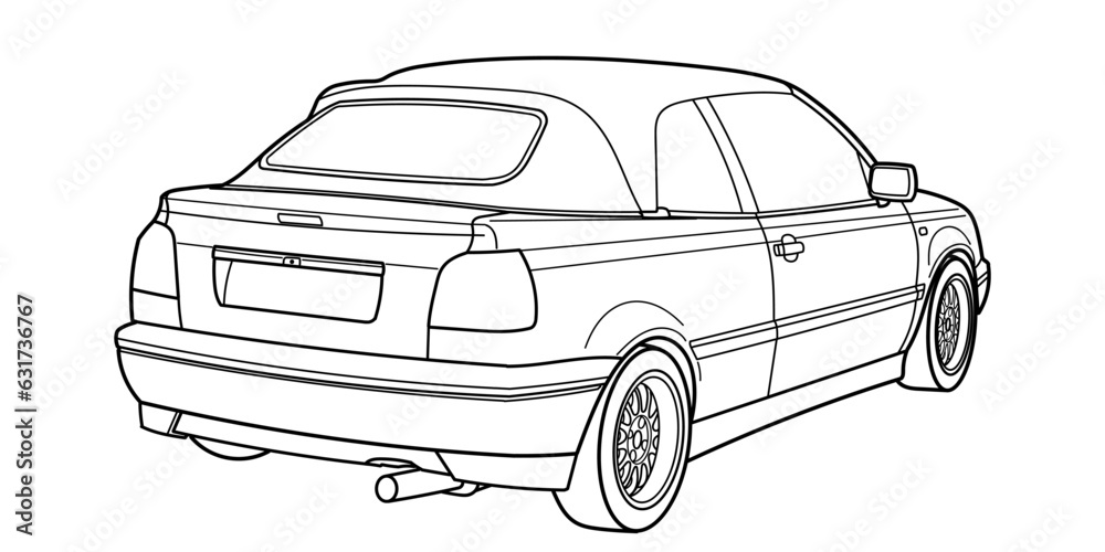 Coupe convertible sport car. Style of 80s, 90s. Rear and side 3d view ...
