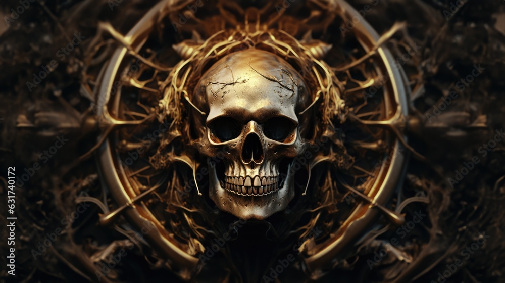 Metal bronze carving of a skeleton skull with a gold color shimmer ...