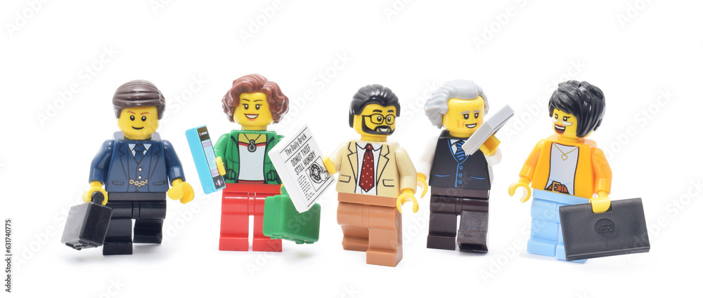Lego minifigures in group is speaking in teamwork isolated on white ...