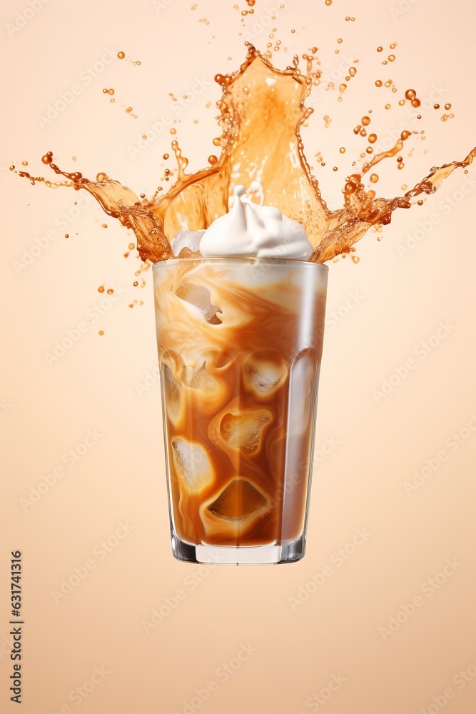 Advertisement studio banner with a tall glass with splashing ice ...