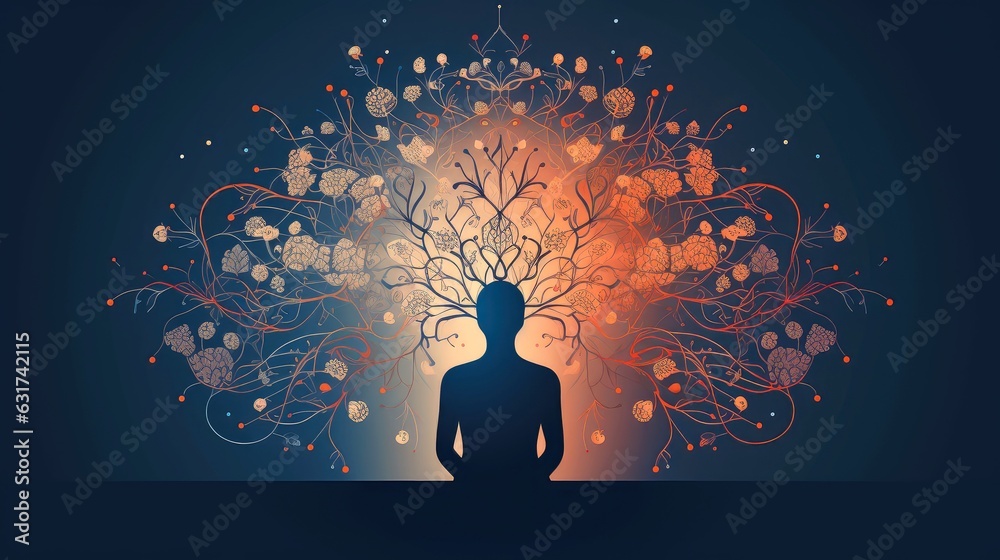 Illustration of thought energy . Head of person and neural network of ...
