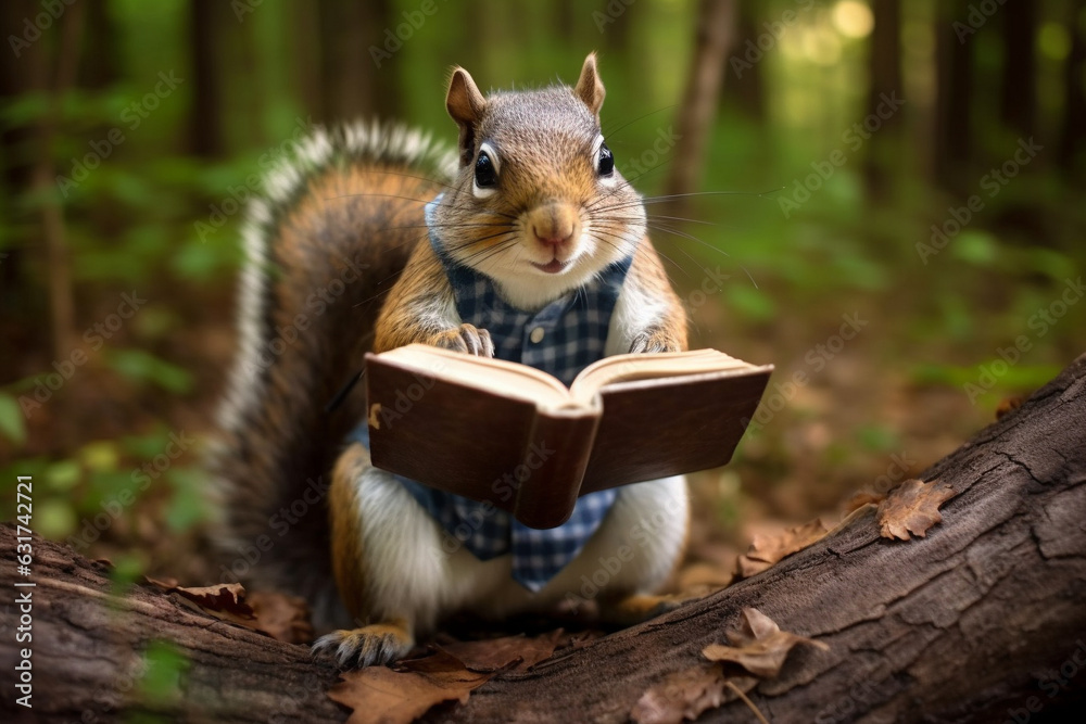 Discover the adorable sight of a cute, wise and smart squirrel engrossed in reading a book ...